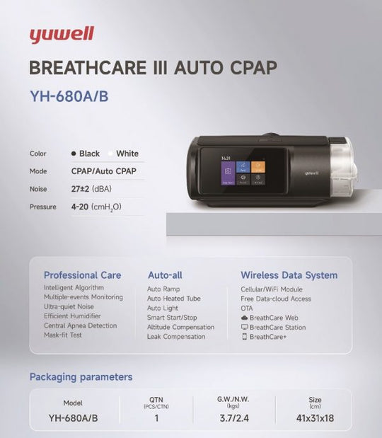 Yuwell BreathCare 680 Auto CPAP Machine with Humidifier & WiFi – MedSupply